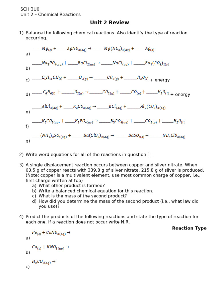 Unit 2 Review - 2022-2023 | PDF | Chemical Reactions | Acid