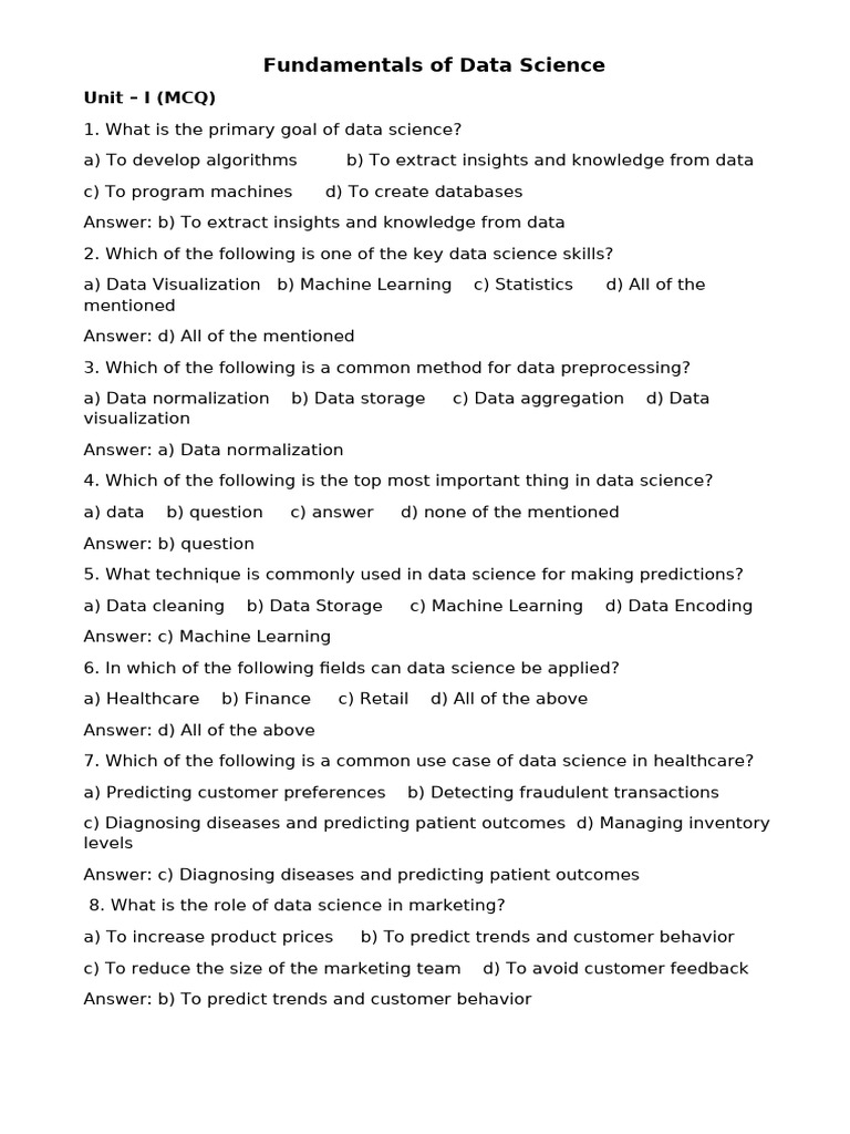 Unit I & II FDS_ II AI & DS_ Question Bank | PDF | Mean | Level Of Measurement