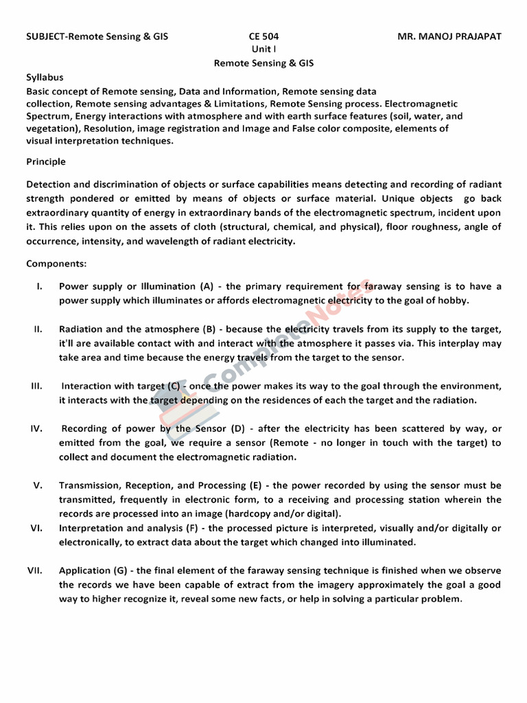 Unit 1 - Remote Sensing and GIS - (CE-504) | PDF