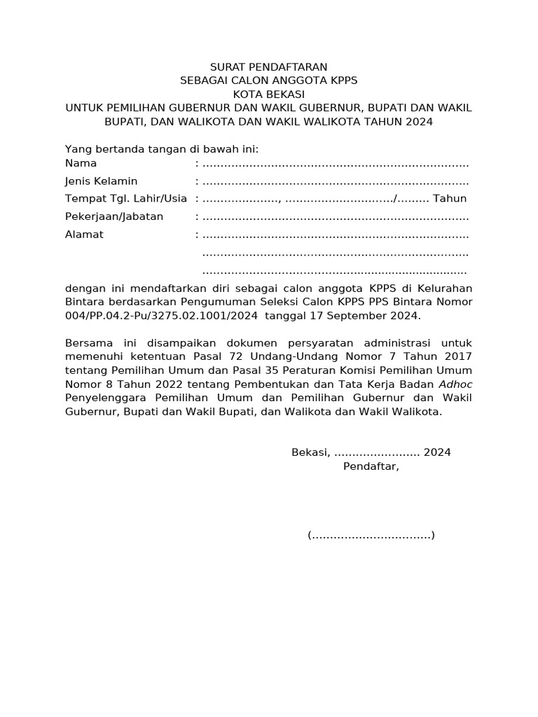 Formulir Pendaftaran, Surat Pernyataan, Dan DRH KPPS Bintara 2024 | PDF