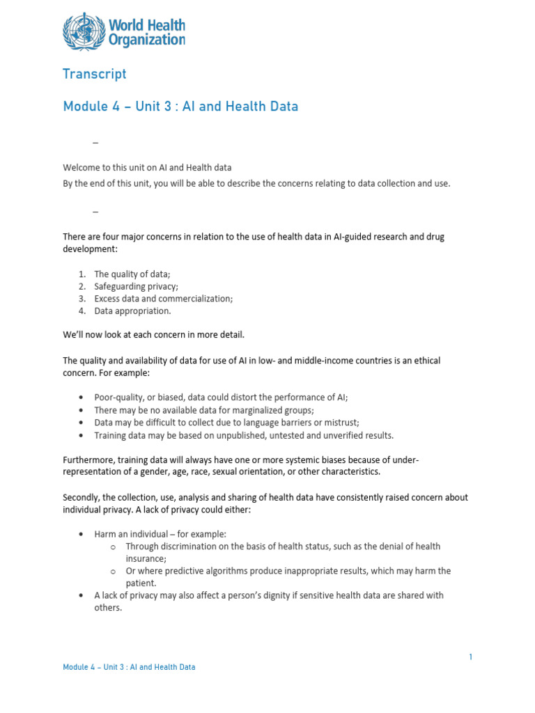WHO EthicsAI Transcript Module4 Unit3 en v0.1 | PDF | Privacy ...