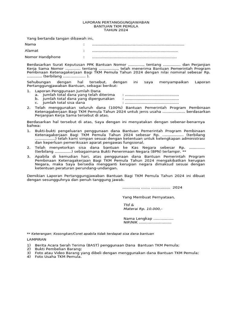 Format LPJ TKM Pemula Tahun 2024 | PDF
