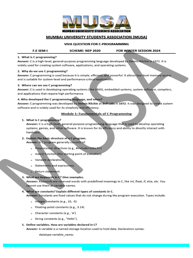 CP Viva Question by MUSA NEP 2020 | PDF | Pointer (Computer Programming ...