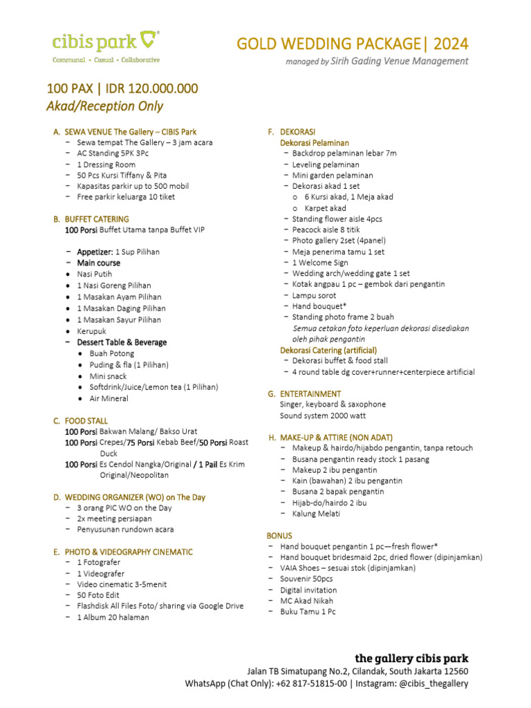 Paket Pernikahan Emas Cibis Park 2024 | PDF