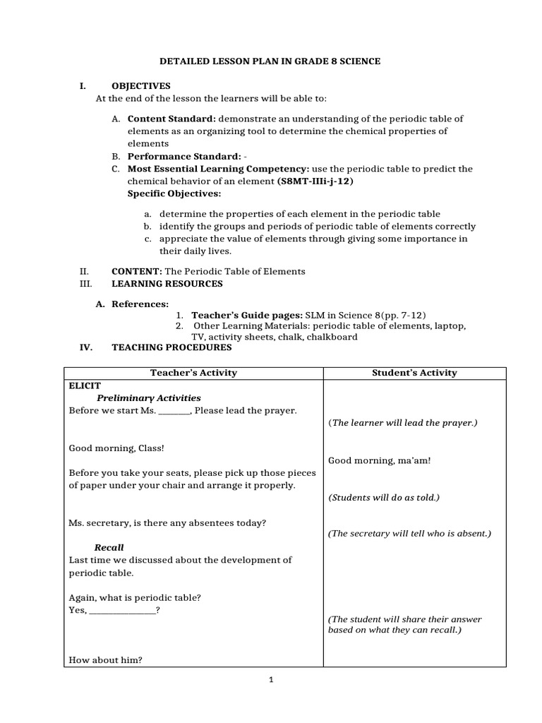 Detailed Lesson Plan in Grade 8 Science New | PDF | Chemical Elements ...
