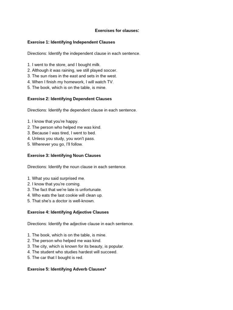 Exercises For Clauses | PDF