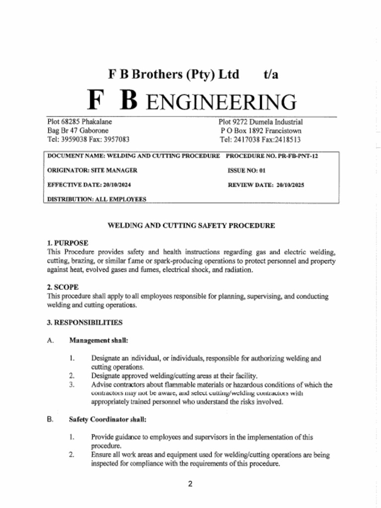 Welding and Cutting Safe Work Procedure | PDF