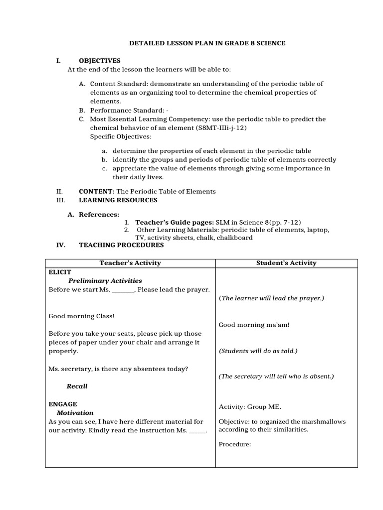 Detailed Lesson Plan in Grade 8 Science | PDF | Chemical Elements ...