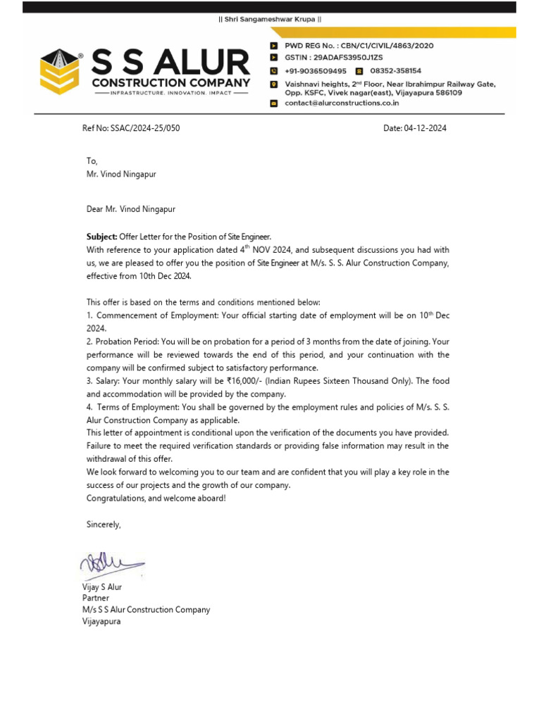 Offer Letter - Vinod Niggapur | PDF