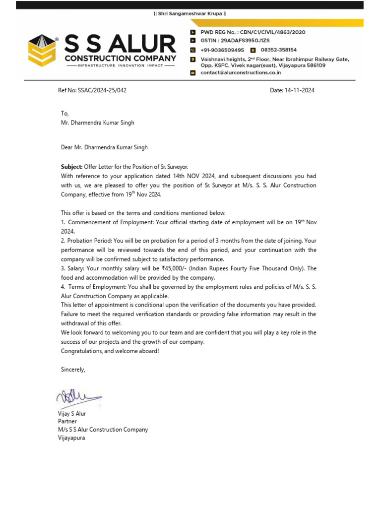 Offer Letters For Dharmendra Kumar Singh. | PDF