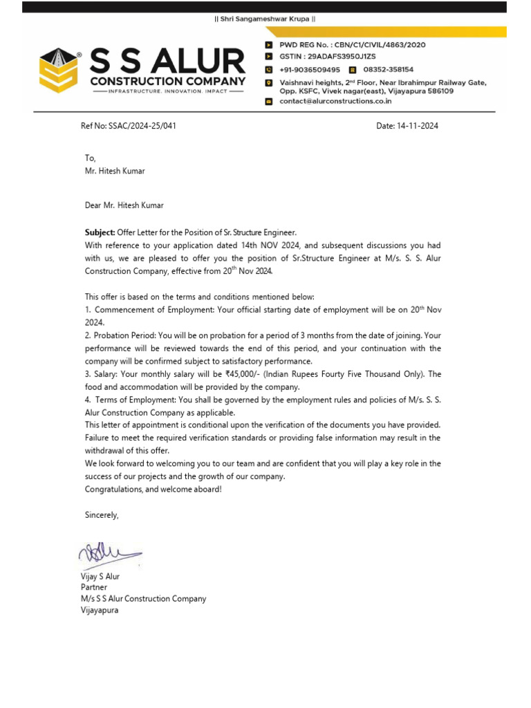 Offer Letter for Sr. Structure Engineer | PDF