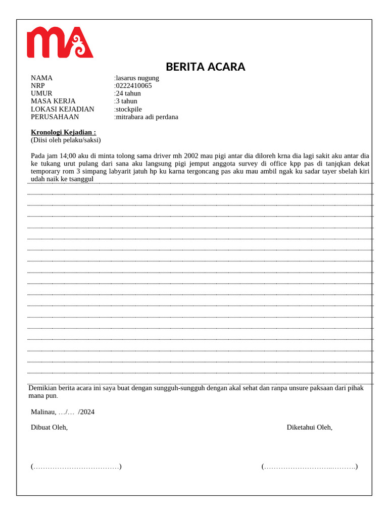 Berita Acara Kronologi Kecelakaan Kerja | PDF