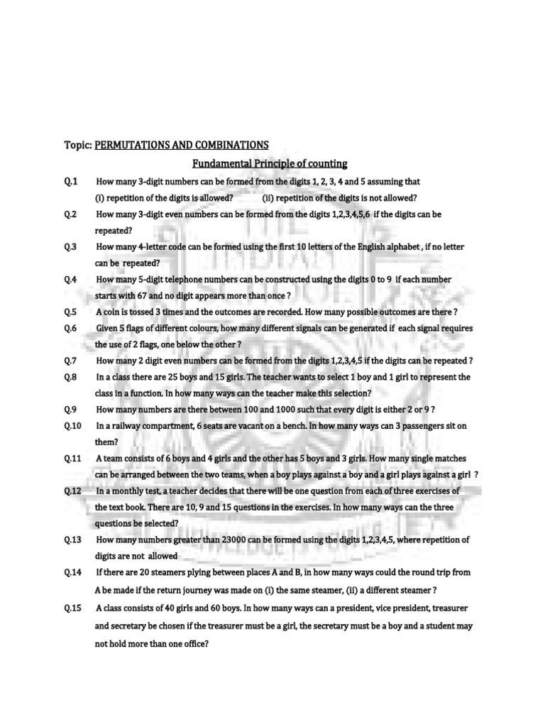 Permutations Combinations Class Xi Worksheet Pdf Permutation