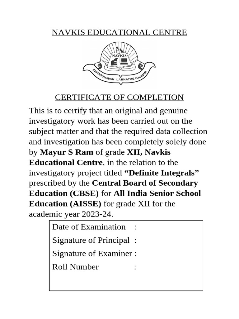 Certificate of Completion: Definite Integrals | PDF