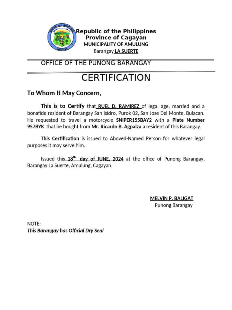 Barangay Certification for Travel | PDF