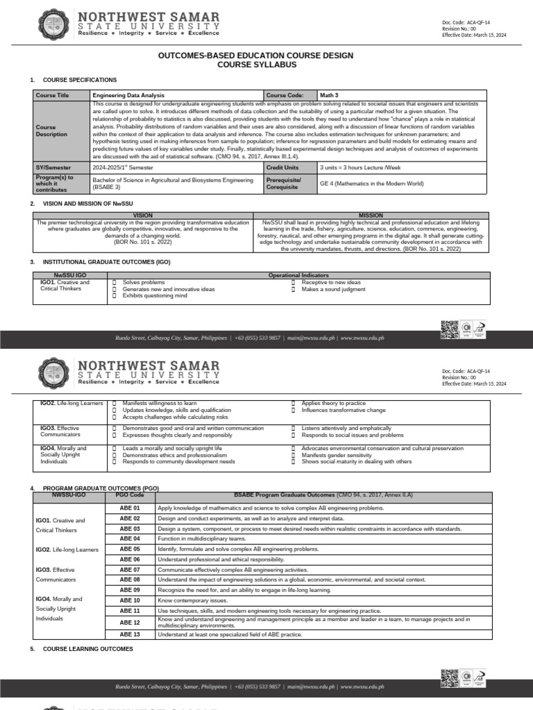 Math 3 Engineering Data Analysis BSABE 3 2024 | PDF | Statistics | Probability Distribution