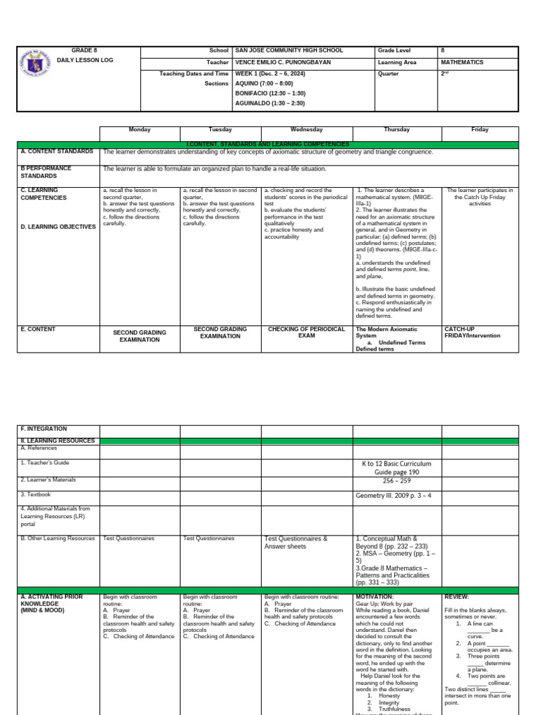 BALQUIN DLL G8 3RD Week-1 | PDF | Line (Geometry) | Mathematics