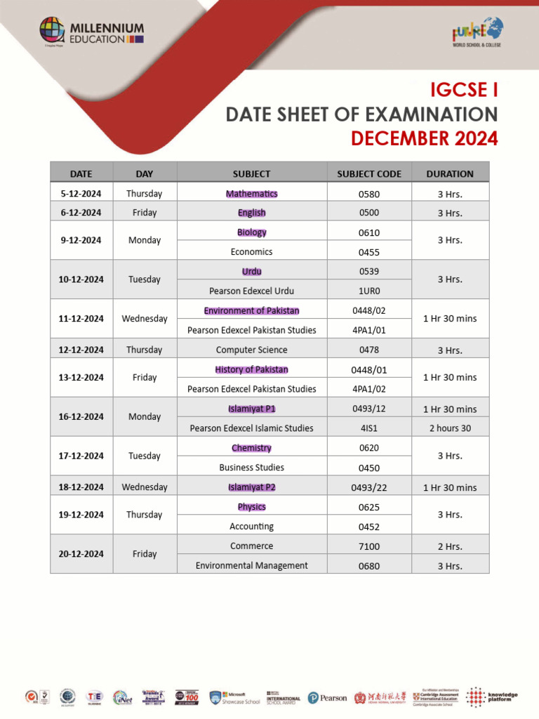 Date Sheet IGCSE I December 2024 | PDF