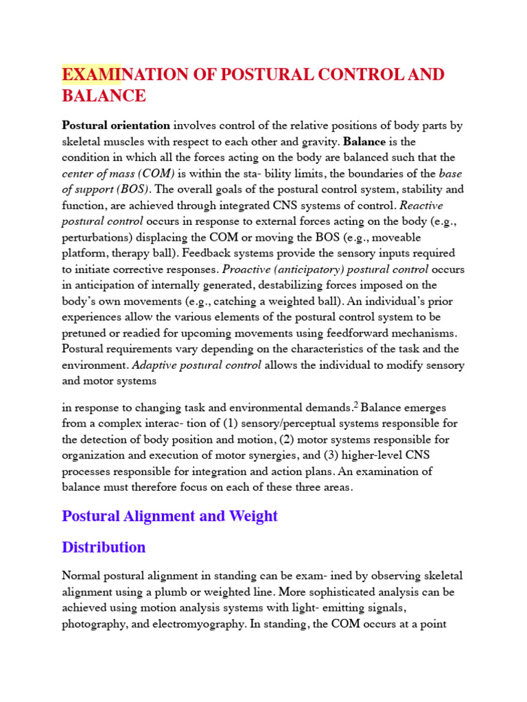 EXAMINATION OF POSTURAL CONTROL AND BALANCE | PDF | Balance (Ability ...