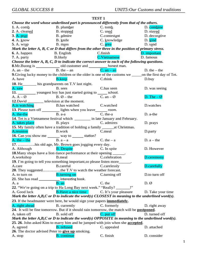 KEY-UNIT 5 - PRACTICE TEST | PDF | Bride | Wedding