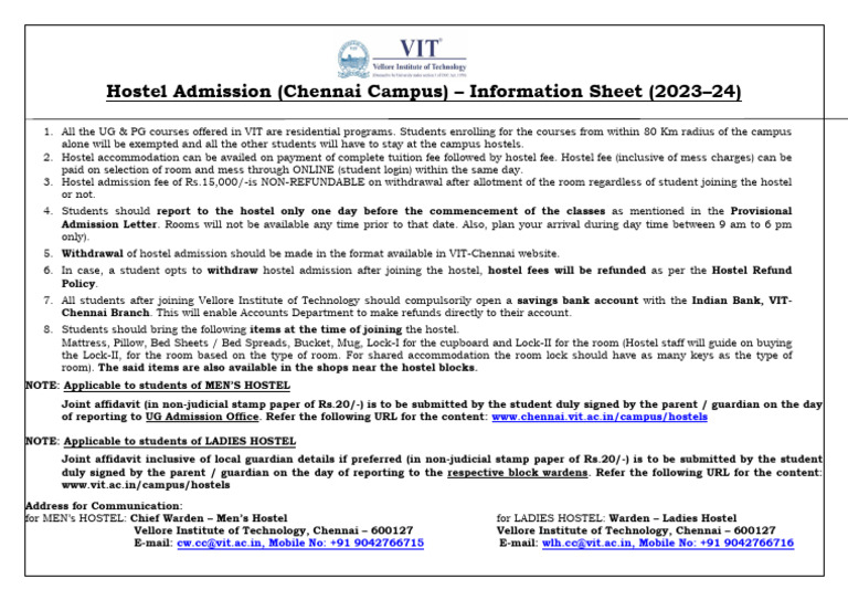 Hostel Information Sheet 2023-24 | PDF