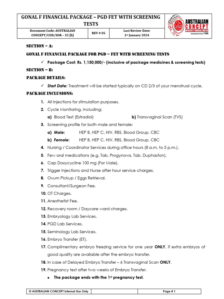 GONAL F FINANCIAL PACKAGE 2024 - PGD FET WITH SCREENING TESTS | PDF ...
