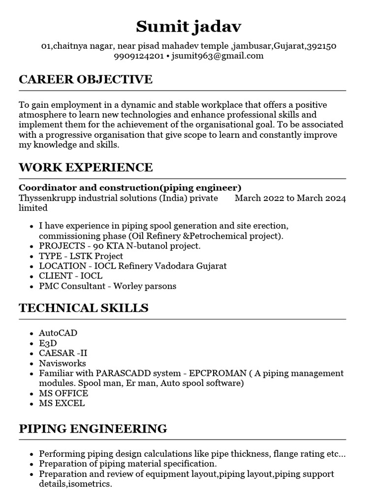 Sumit jadav cv | PDF | Mechanical Engineering | Engineering