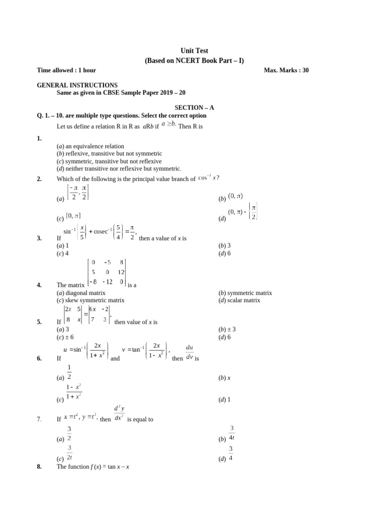 XII Maths Unit Test_NCERT Book Part_1 (Dr. Amit Bajaj) | PDF | Algebra ...