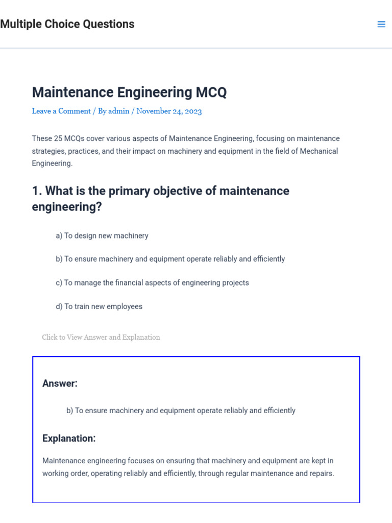 Maintenance Engineering MCQ - Multiple Choice Questions | PDF ...