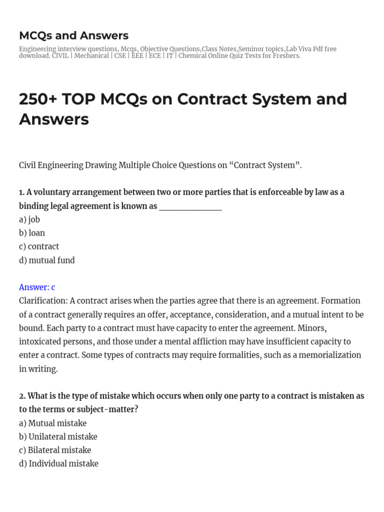 Contract Management MCQs and Answers | PDF | Common Law | Business Law
