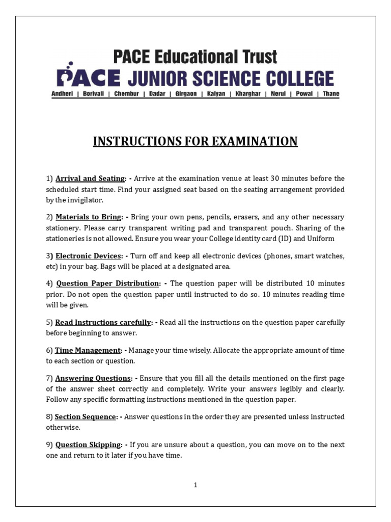 Instructions for Examination | PDF