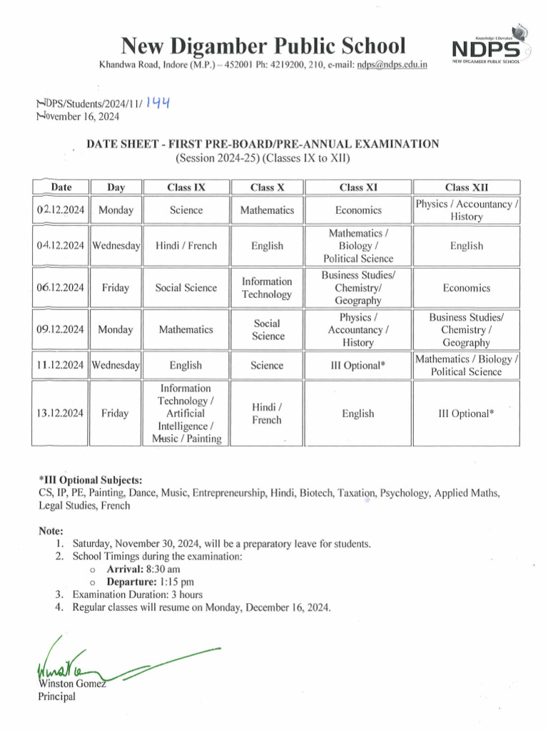 Date Sheet First Pre-Board, Pre-Annual 2024-25 | PDF