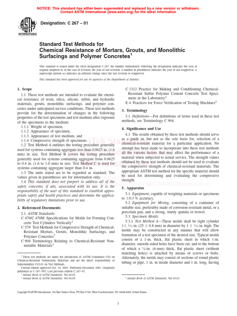 ASTM-C267-01 | PDF | Concrete | Pipe (Fluid Conveyance)