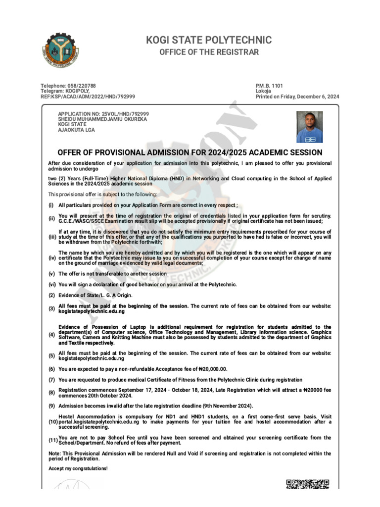 Admission - Letter - Kogi State Poly | PDF | Educational Stages ...