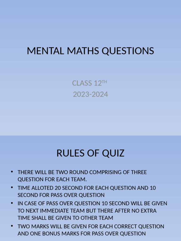 Class 12 Mental Maths Quiz Questions | PDF