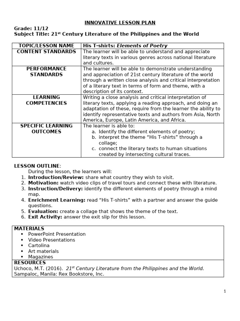 Lit-Innovative Lesson Plan | PDF | Learning | Lesson Plan