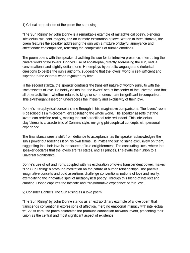 The Sun Rising | PDF | Poetry | Love