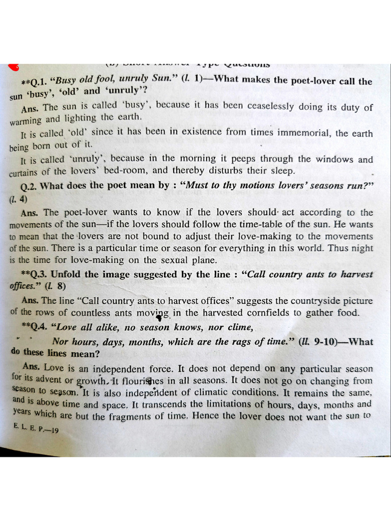 5 Marks Questions From The Sun Rising (Only Starmarks) | PDF