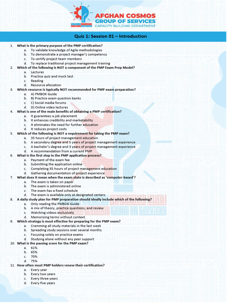Quiz 1 - Session 01 - Introduction | PDF | Project Management