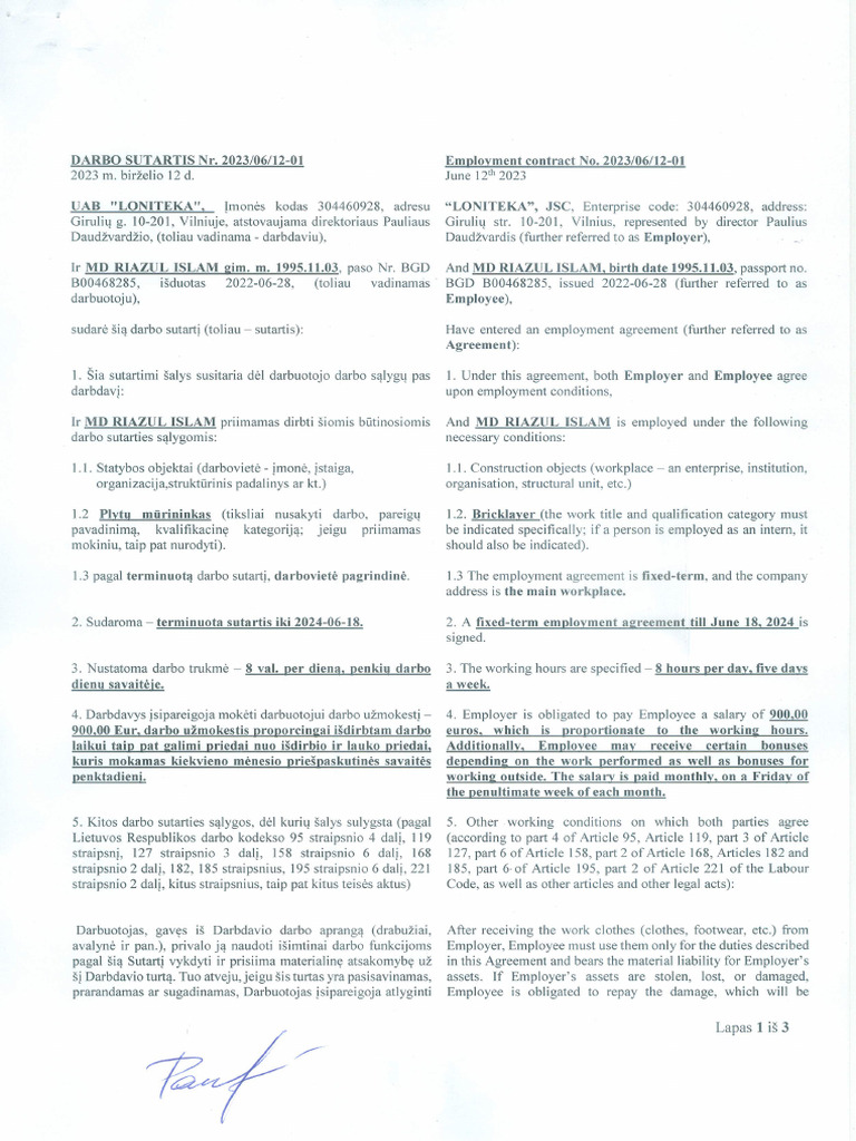 Lithunia Work Permit - Riazul | PDF