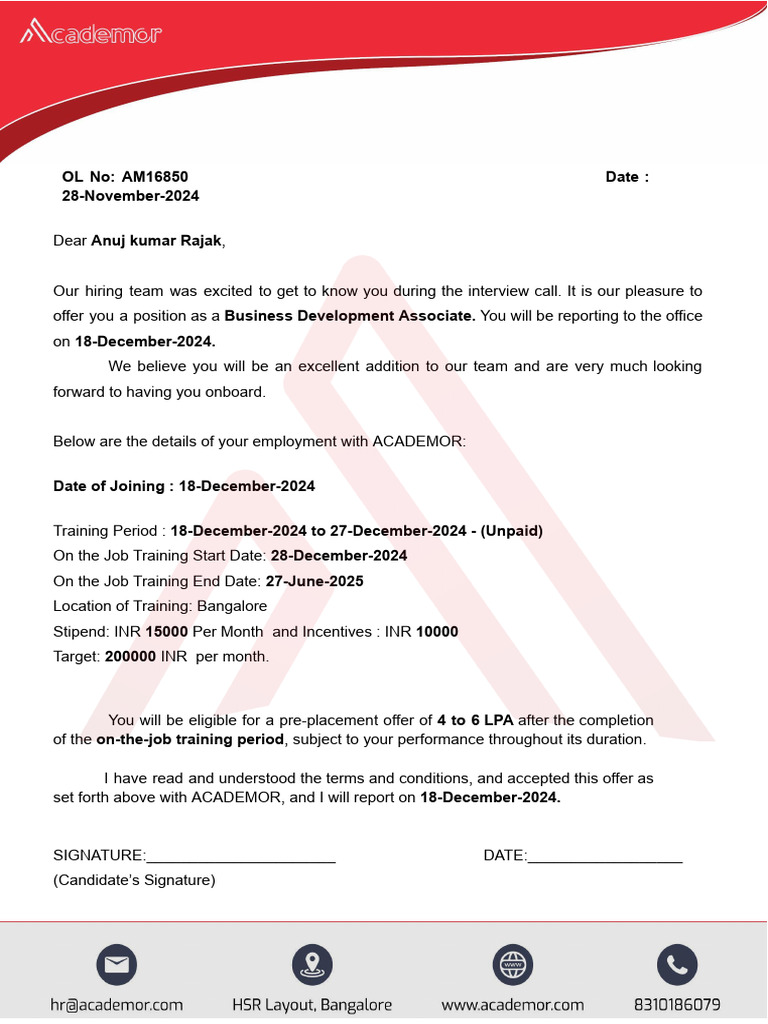 Academor Offer Letter - Anuj Kumar Rajak | PDF Academor Offer Letter - Anuj Kumar Rajak | PDF