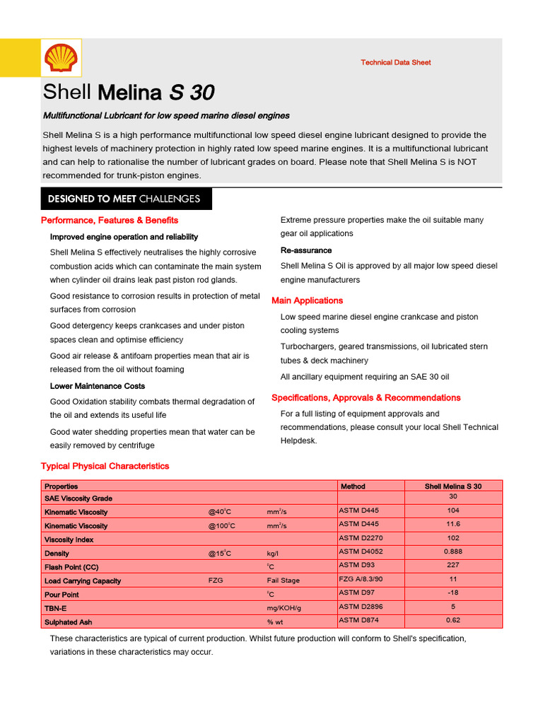 Shell Melina S 30 Technical Data Sheet | PDF | Lubricant | Diesel Engine