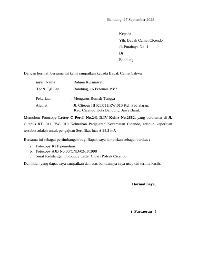 Permohonan Fotocopy Letter C Tanah | PDF