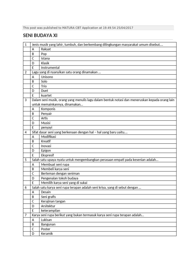 SOAL CBT Seni Budaya Kelas XI | PDF