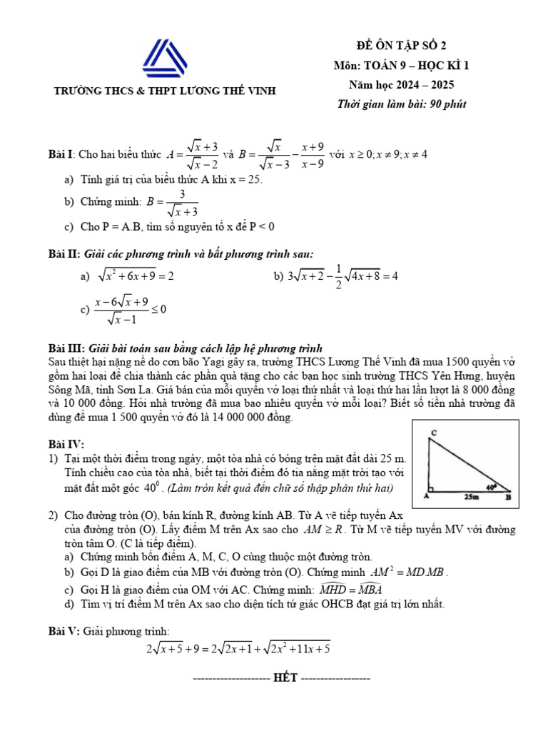 Đề Ôn Tập Số 2 - Toán 9 HK1 | PDF