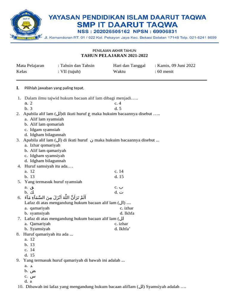 Soal Tahsin Kelas 7: Hukum Bacaan Alif Lam | PDF