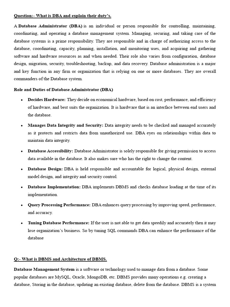 Dba And Architecture Of Dbms Pdf Databases Information Science