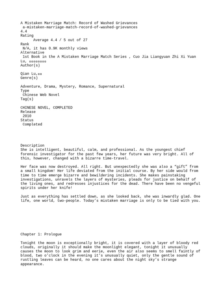 A Mistaken Marriage Match Record of Washed Grievances.C.novel Completed ...
