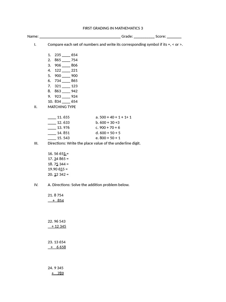 First Grading in Mathematics 3 | PDF