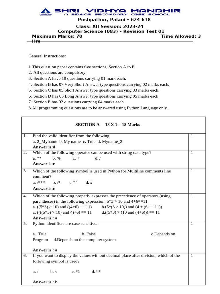 Rev 1 - Q With Ans - Python Basics and Flow Control 17.08.24 | PDF | Argument | Computer Science